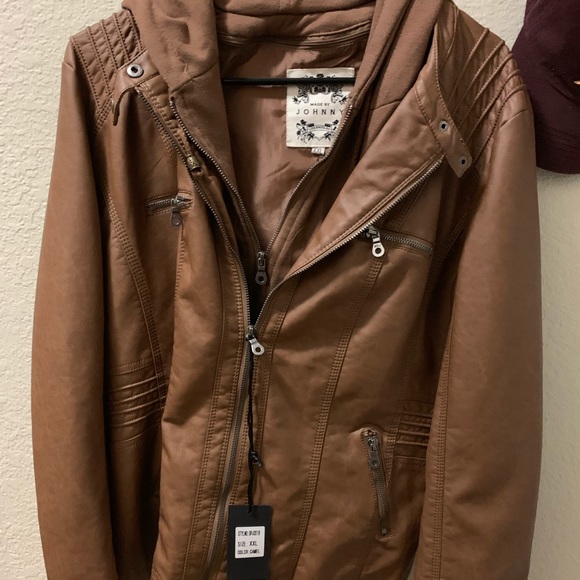 Jackets & Coats | Camel Faux Leather Jacket With Built In Hoodie | Poshmark